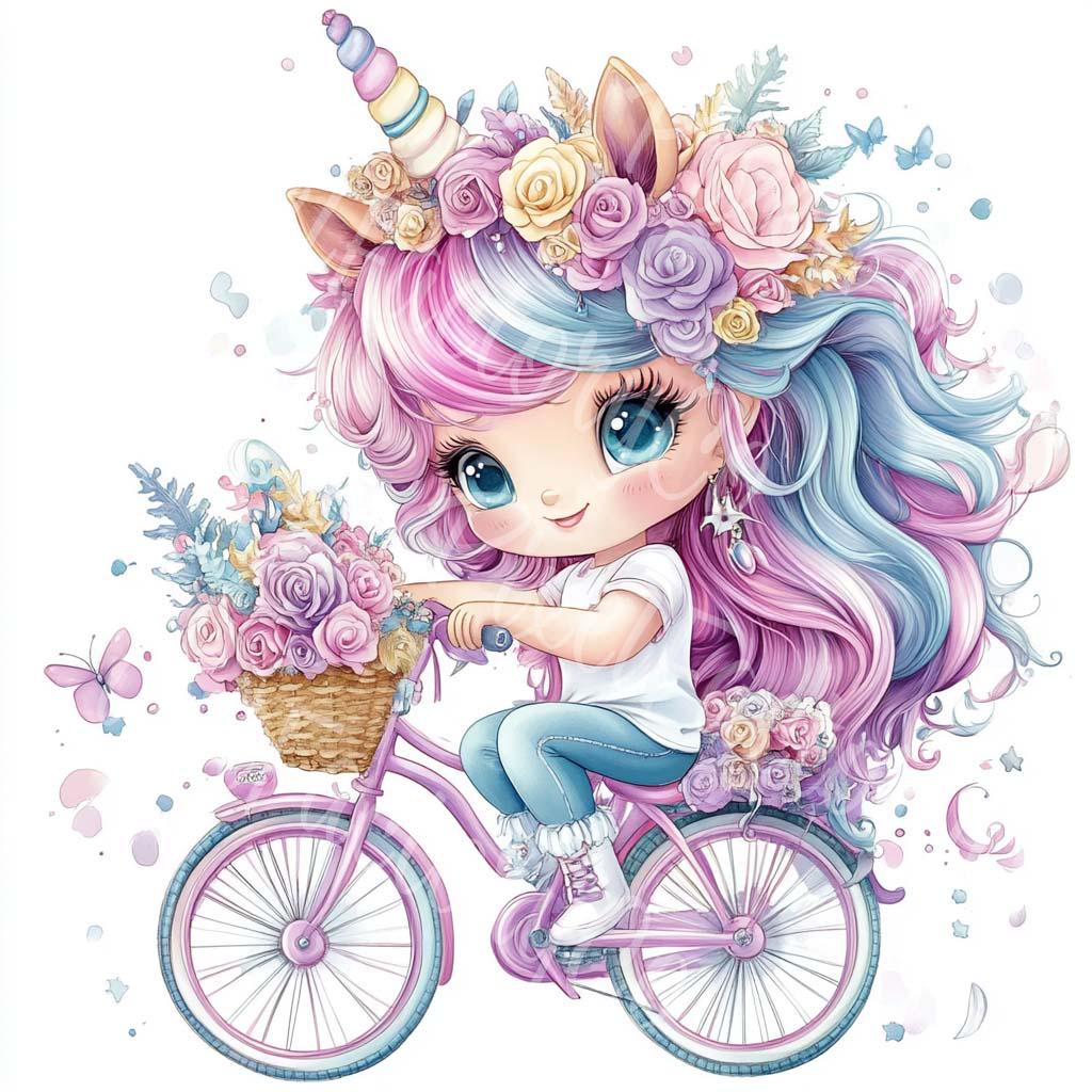 Pastel Unicorn Girl Clipart: Bicycle Flowers, Nursery Art (digital JPG ...