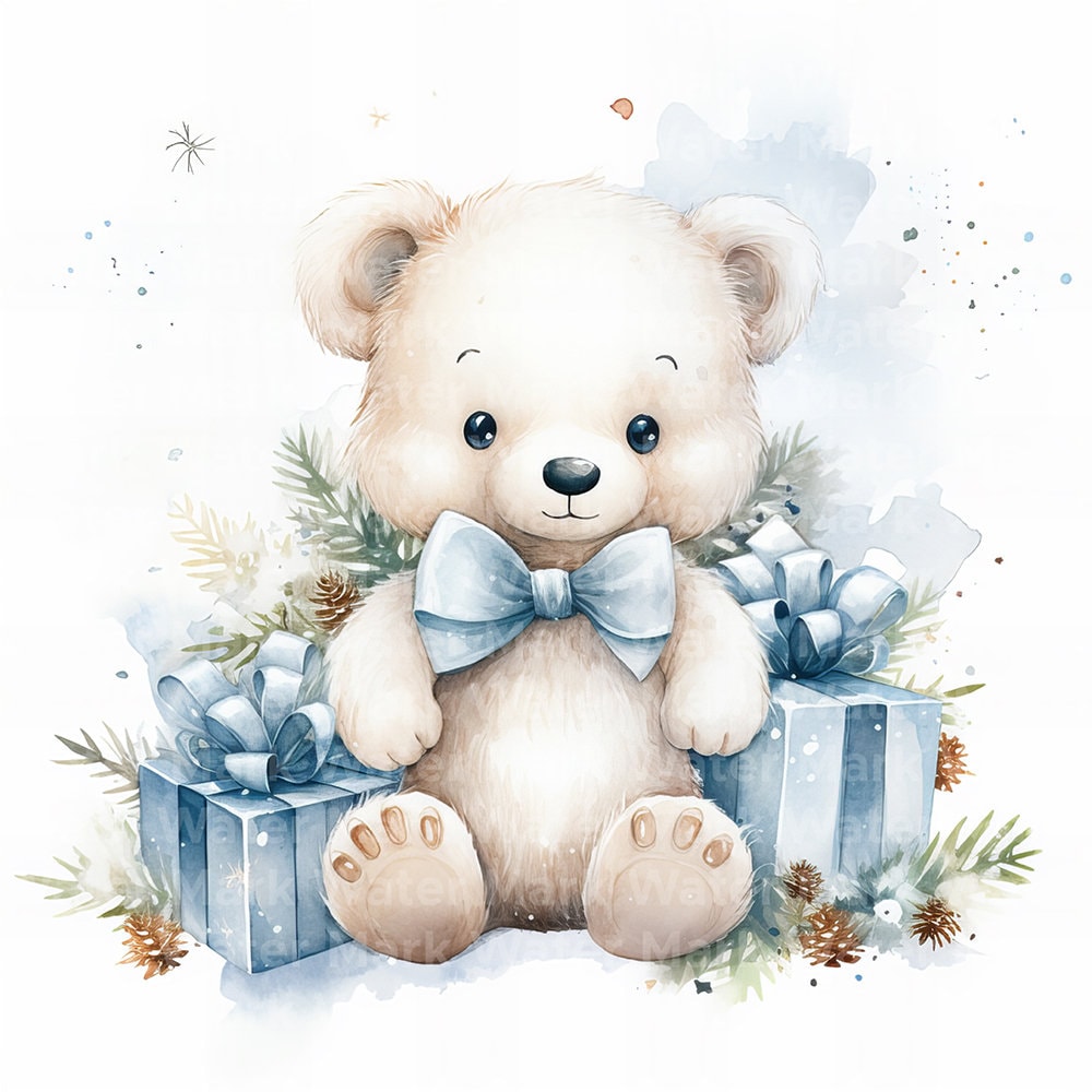 Christmas Teddy Bear Clipart, 12 JPG, Watercolor Clipart, Christmas ...