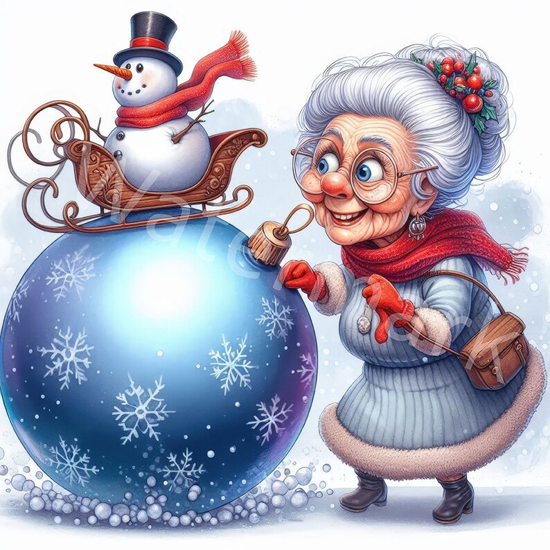 Funny Christmas Old Ladies Clipart: Grandma & Snowman (digital Download ...