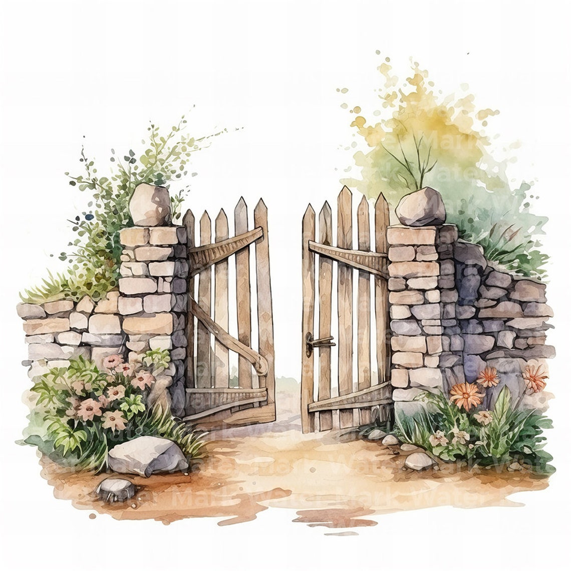 Watercolor Garden Clipart: Summer Gate, Floral Art (digital Download ...