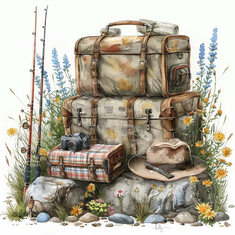 Watercolor Fishing Clipart Set: Rods, Fish, & Gear (JPG Digital ...