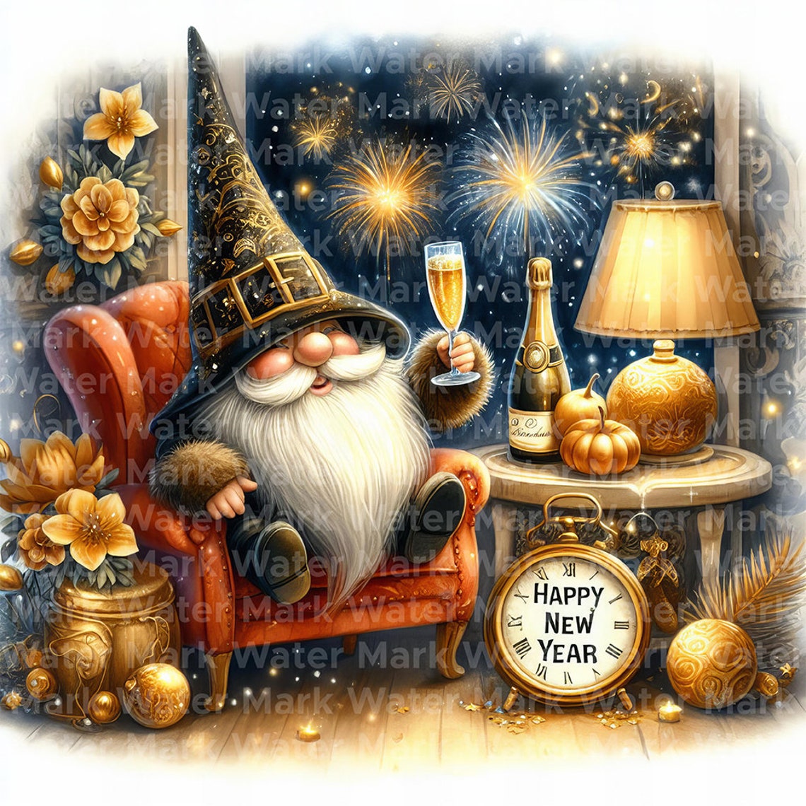 New Year Gnomes Watercolor Clipart: 2024 Eve Graphics (digital Download ...