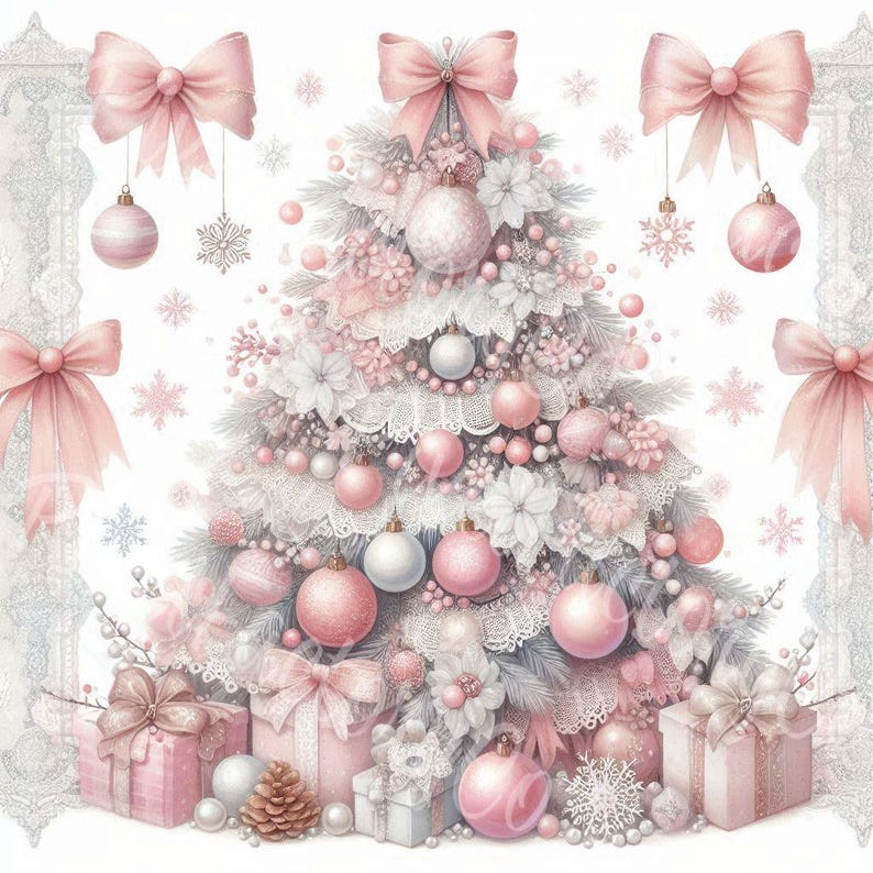 Vintage Christmas Tree Clipart, Pink Holiday Background, Digital Paper ...