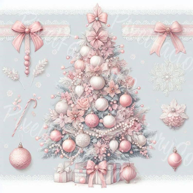 Vintage Christmas Tree Clipart, Pink Holiday Background, Digital Paper ...