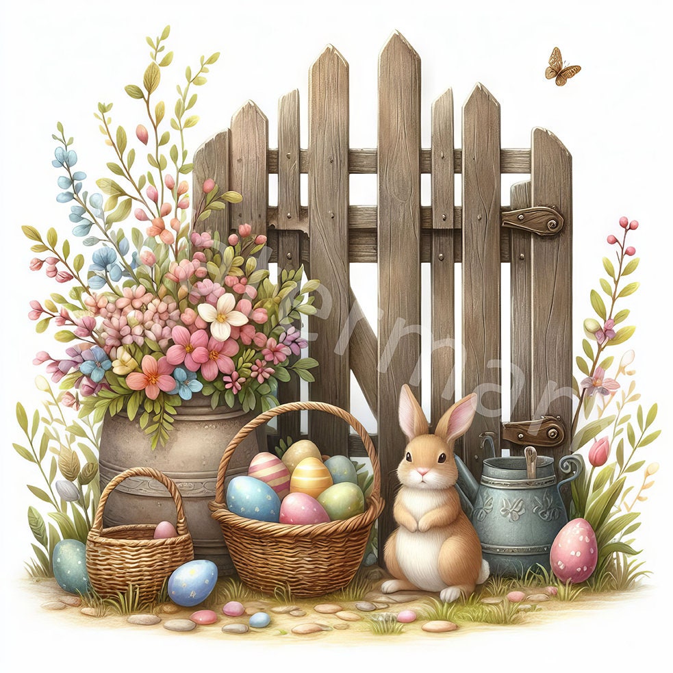 Easter Garden Clipart, 11 JPG, Digital Download, Garden Gate, Bunny and ...