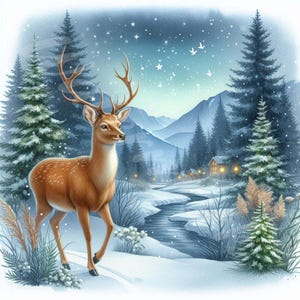 Christmas Reindeer Clipart: Winter Forest Landscape JPG (digital ...