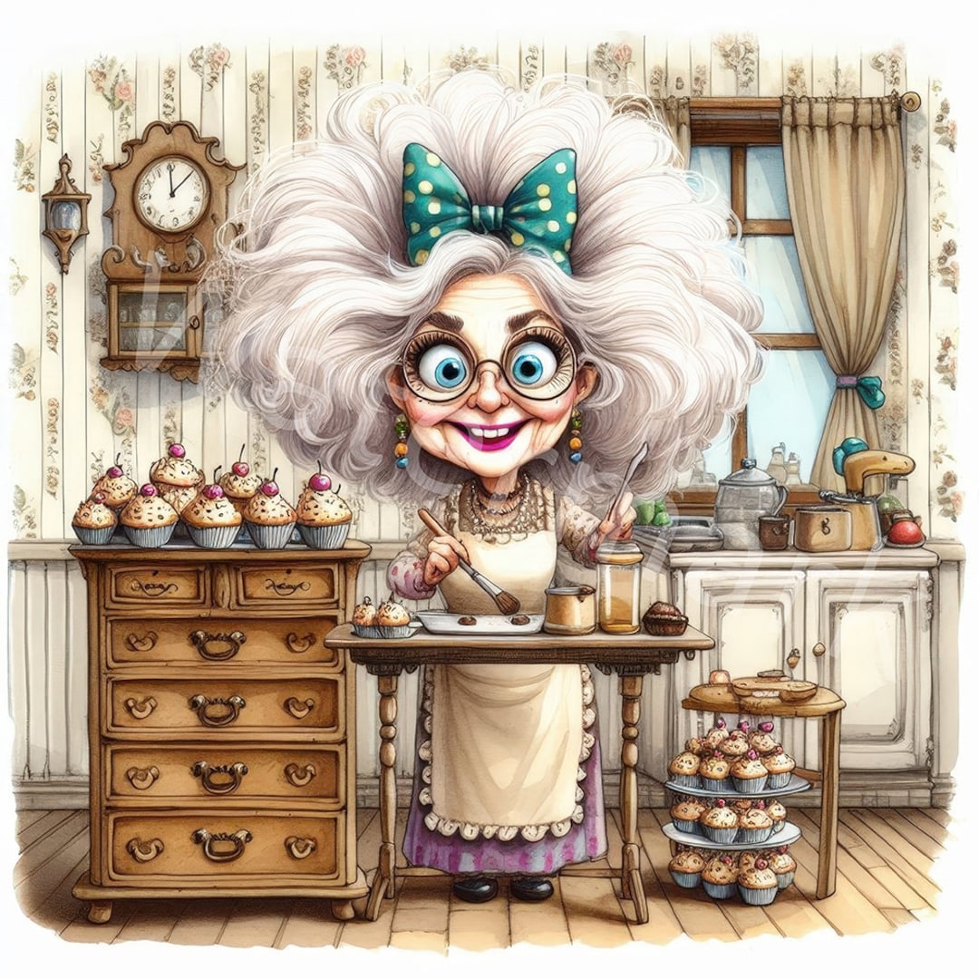 Grandma Baking Cupcakes Clipart: Watercolor Women Graphics (digital ...