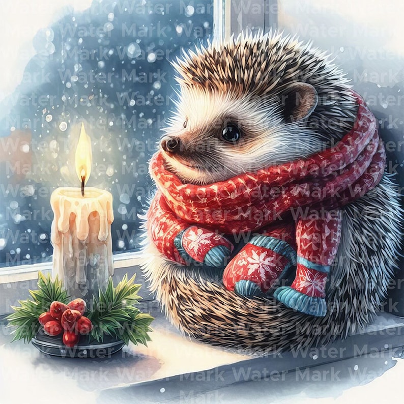 Christmas Hedgehog Clipart, 10 Jpg, Watercolor Clipart, Hedgehog With ...