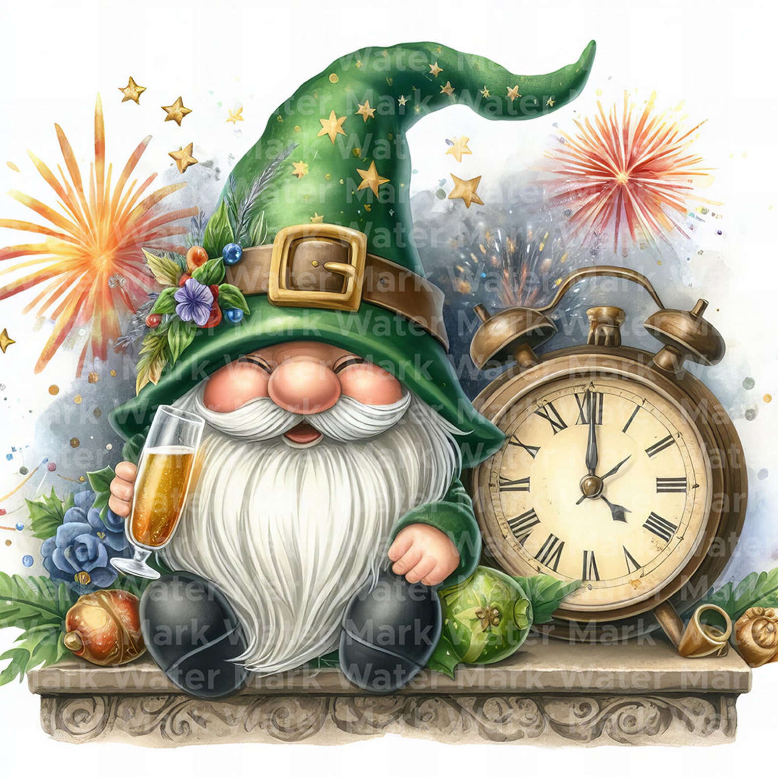 New Year Gnomes Watercolor Clipart: 2024 Eve Graphics (digital Download ...