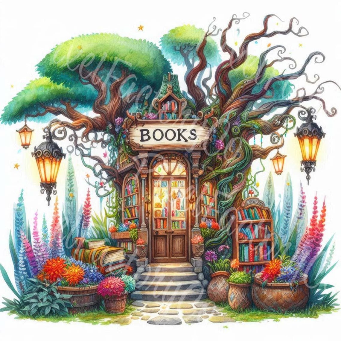 Fairy Tale Bookstore Clipart: Enchanted Library Illustration (JPG ...