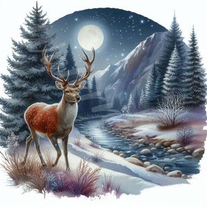 Christmas Reindeer Clipart: Winter Forest Landscape JPG (digital ...