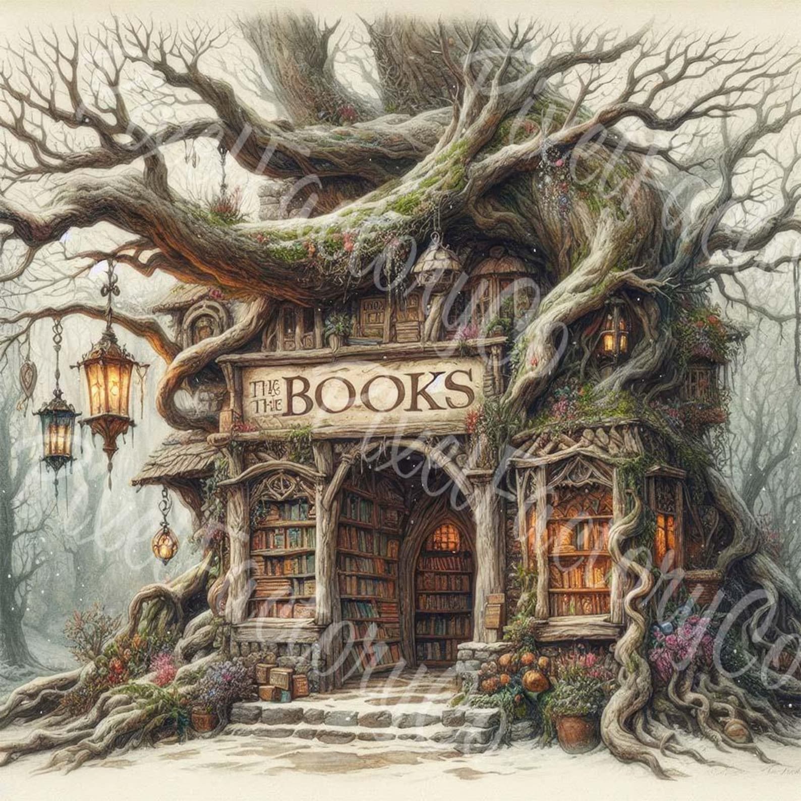 Fantasy Tree Bookstore Clipart: Enchanted Library Art (12 JPG Digital ...