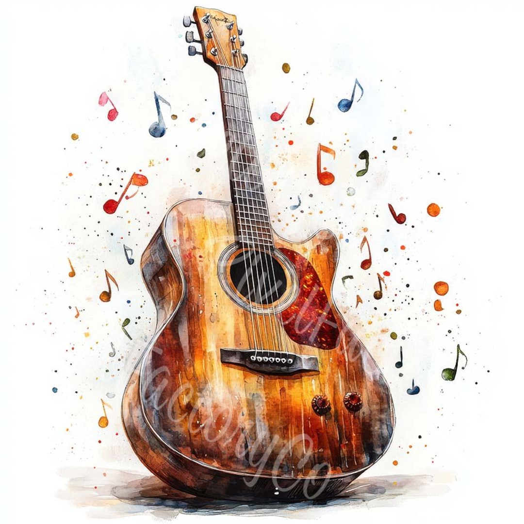 Vintage Watercolor Music Clipart Set JPG Violin Guitar Piano Harp ...