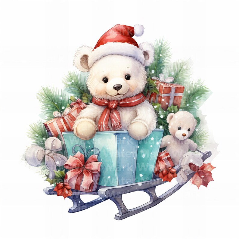 Christmas Teddy Bear Clipart, 12 JPG, Watercolor Clipart, Christmas ...