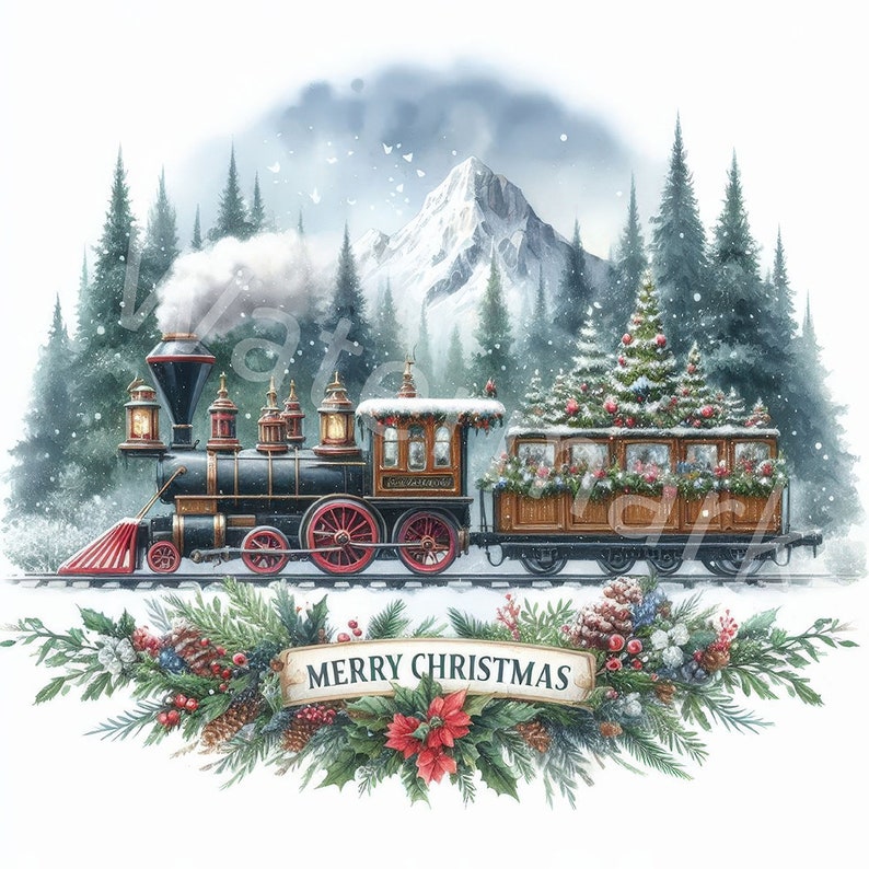 Watercolor Christmas Train Clipart: Holiday Card Graphics (digital ...