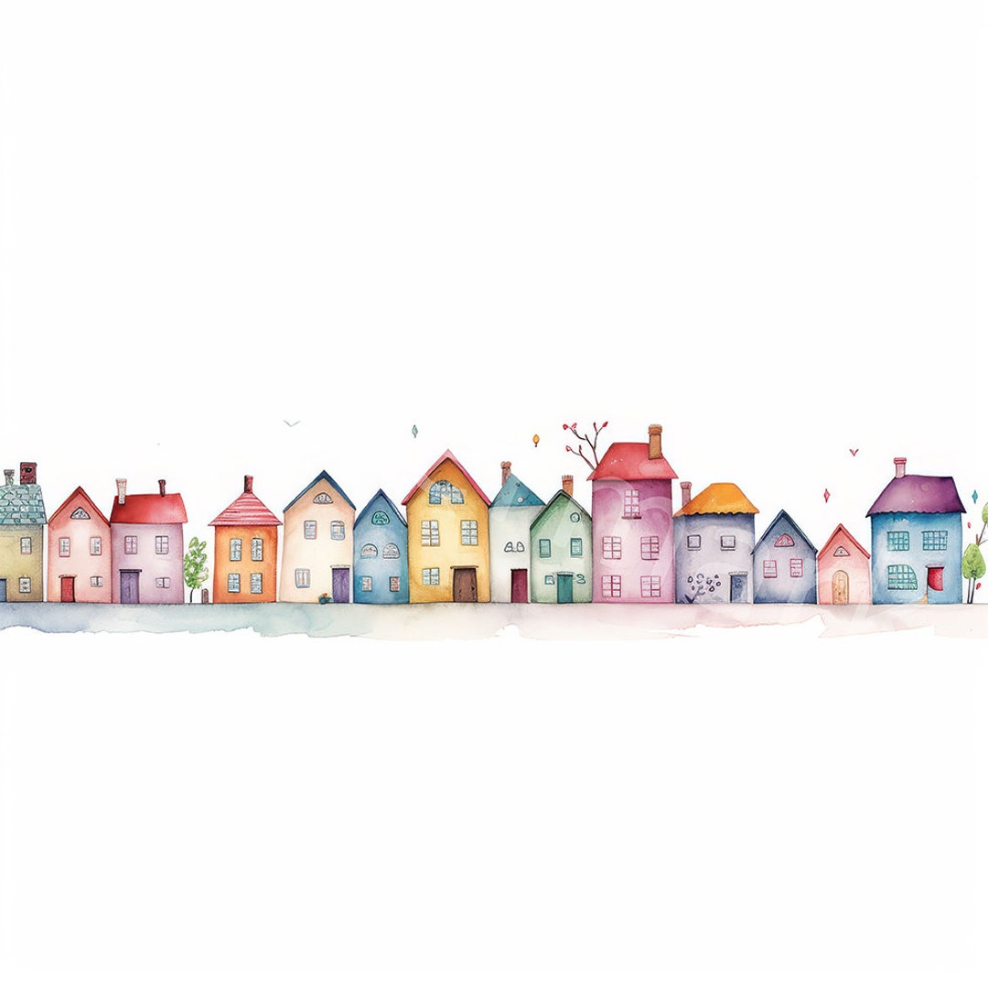 Watercolor Houses Border Clipart: Colorful Town, Card Making (digital ...