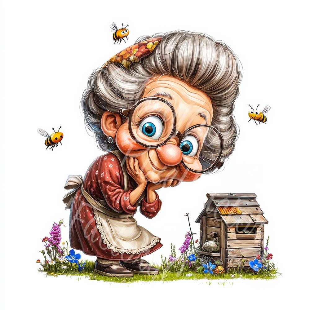 Funny Beekeeper Grandma Clipart Bundle: Whimsical Bees & Hive (digital ...