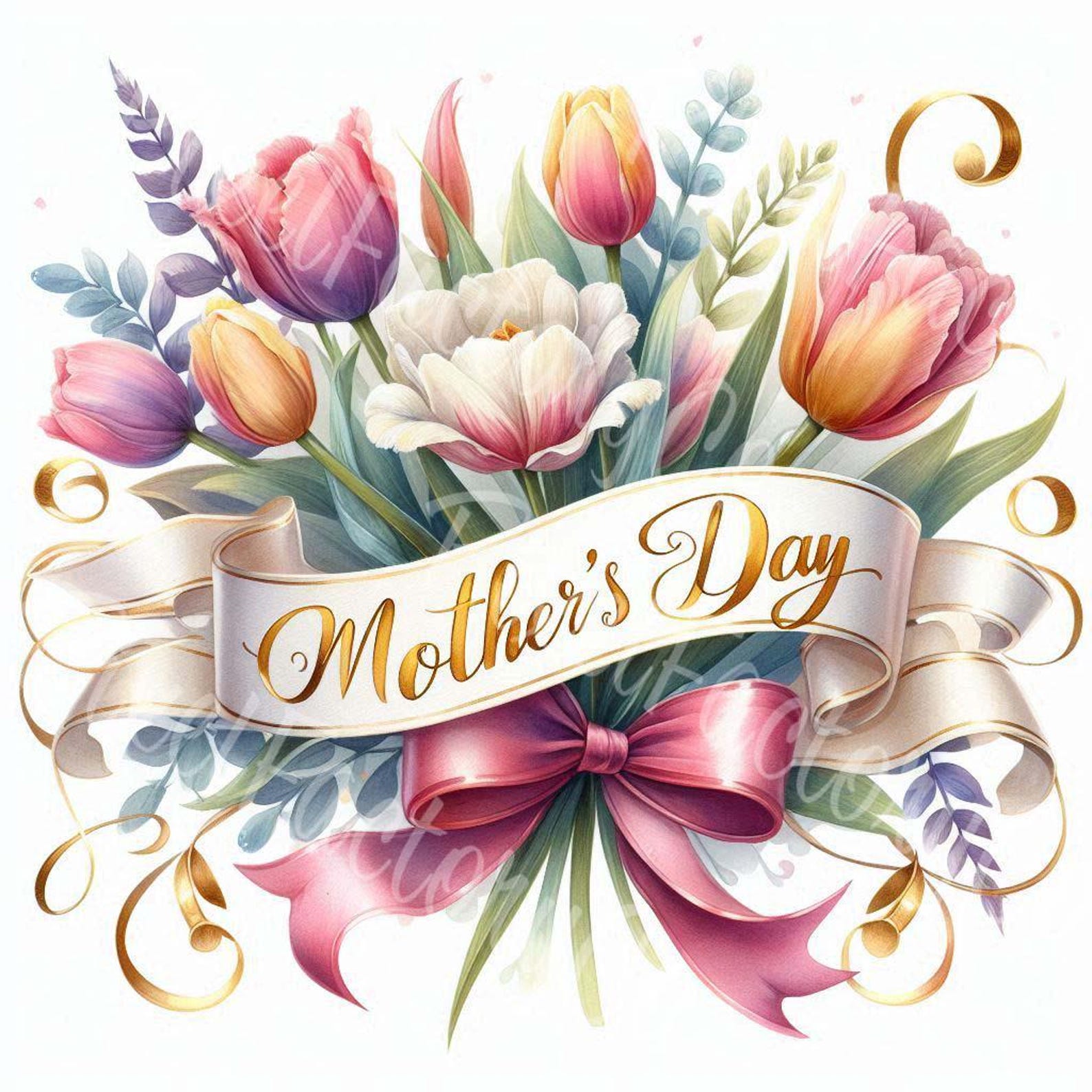 Watercolor Tulip Bouquet Clipart: Mother's Day Floral Illustration ...