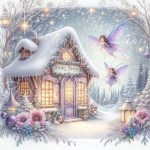 Vintage Fantasy Fairy Shop Clipart, Winter Cottage, Christmas Fairies ...