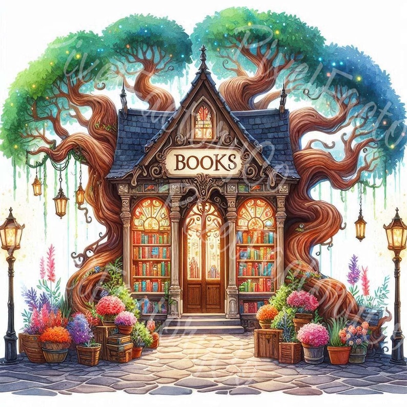 Fairy Tale Bookstore Clipart: Enchanted Library Illustration (JPG ...