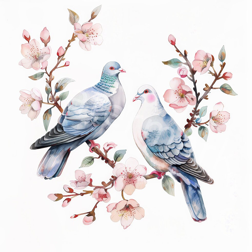 Watercolor Pigeons Clipart: Floral Twig Design (digital Download) - Etsy