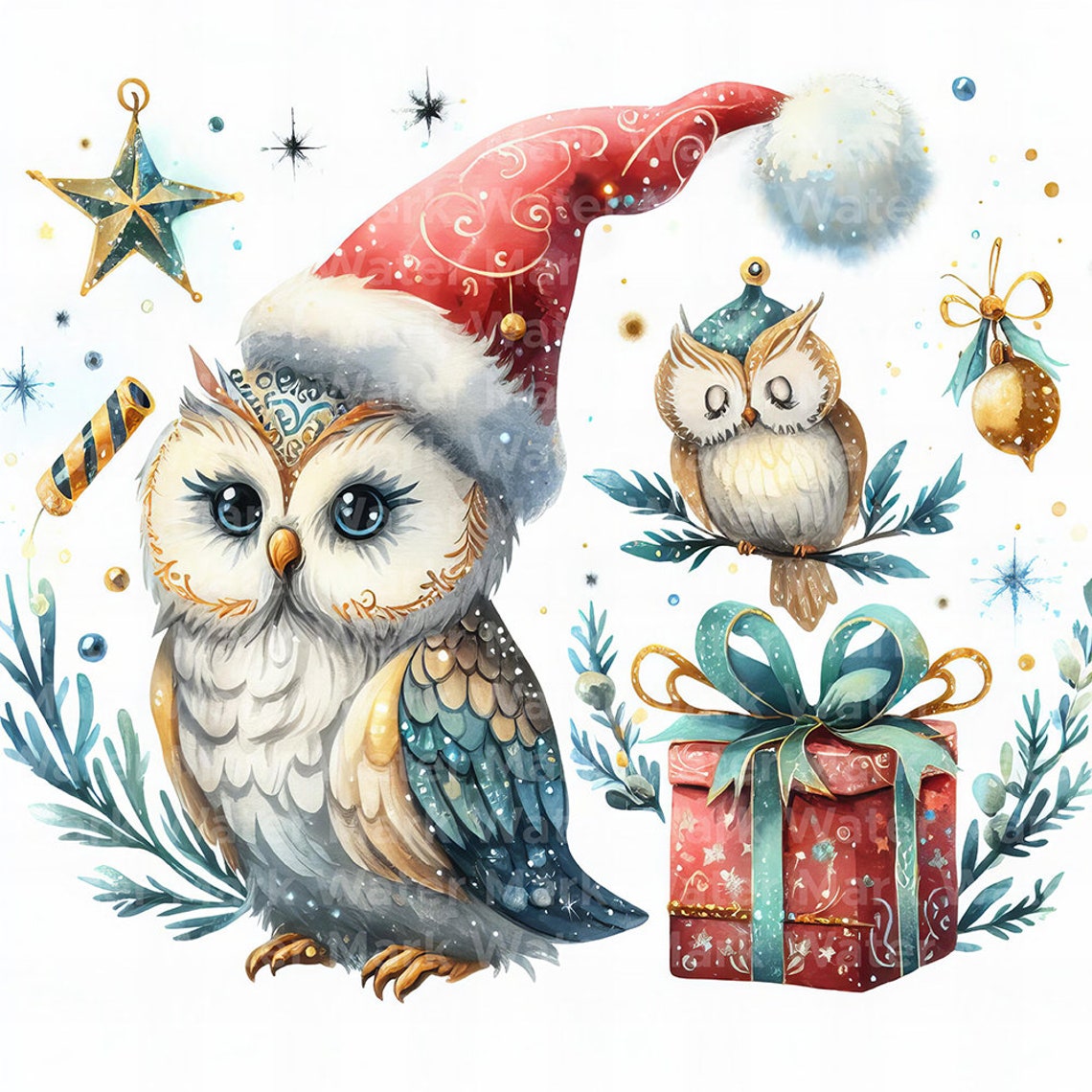 Christmas Owl Watercolor Clipart: Holiday Card Making (digital Download ...