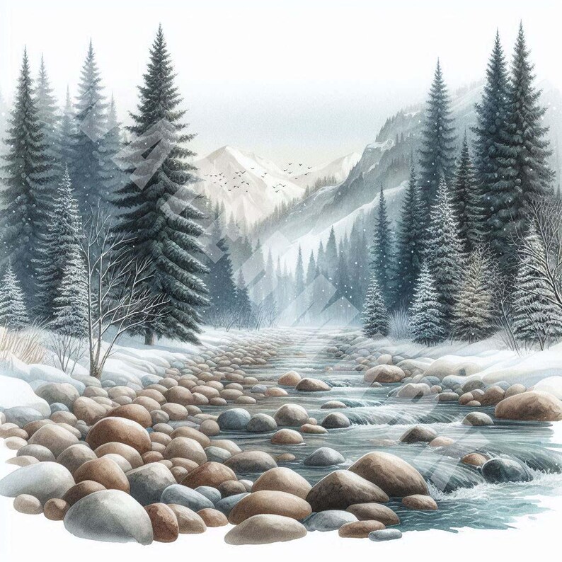 Winter Landscape Clipart: Watercolor Christmas Trees (digital Download ...