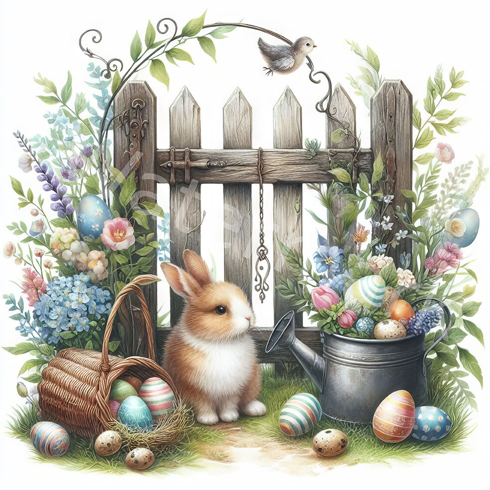 Easter Garden Clipart, 11 JPG, Digital Download, Garden Gate, Bunny and ...