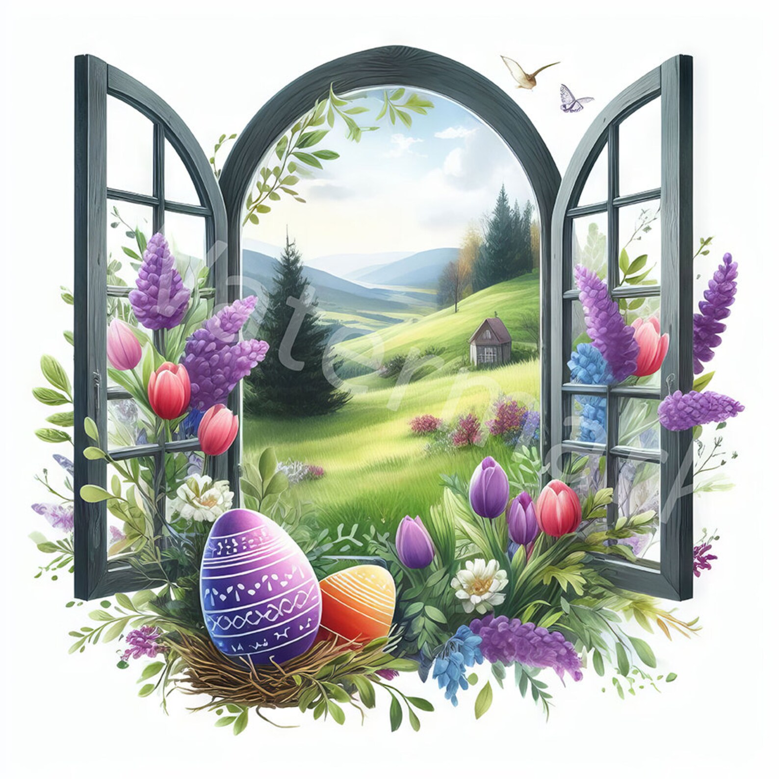 Easter Windows Watercolor Clipart, 12 JPG, Digital Download, Digital ...