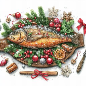 Christmas Fish Clipart, 12 Jpg, Watercolor Clipart, Christmas, Digital ...