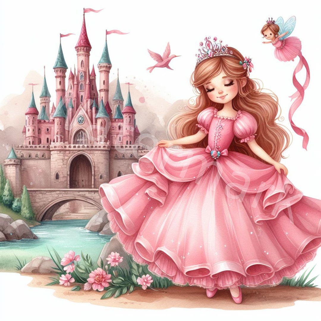 Watercolor Pink Princess Castle Clipart: Scrapbook Graphics (digital ...