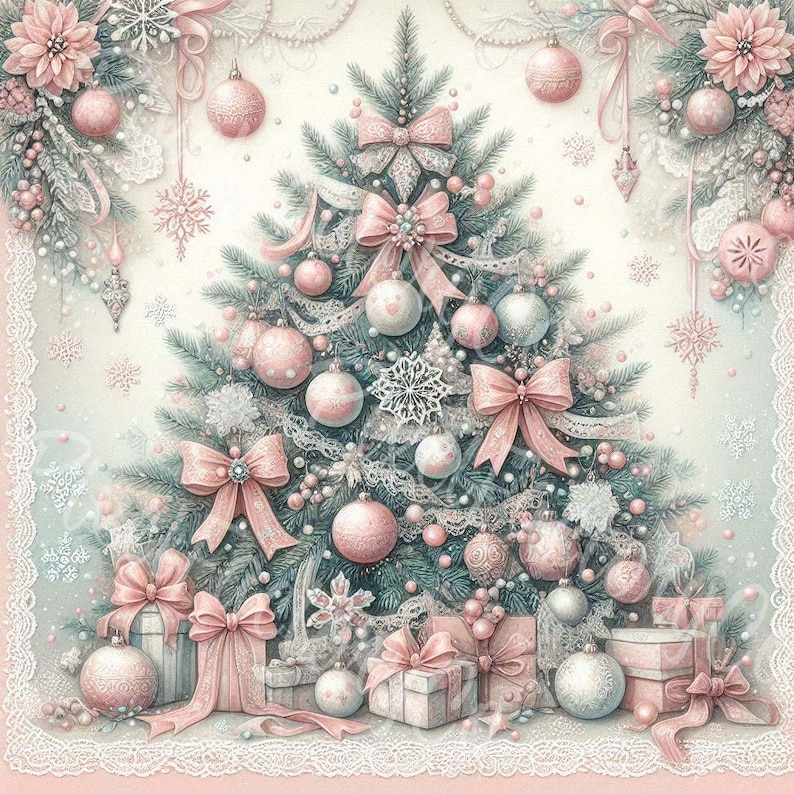 Vintage Christmas Tree Clipart, Pink Holiday Background, Digital Paper ...