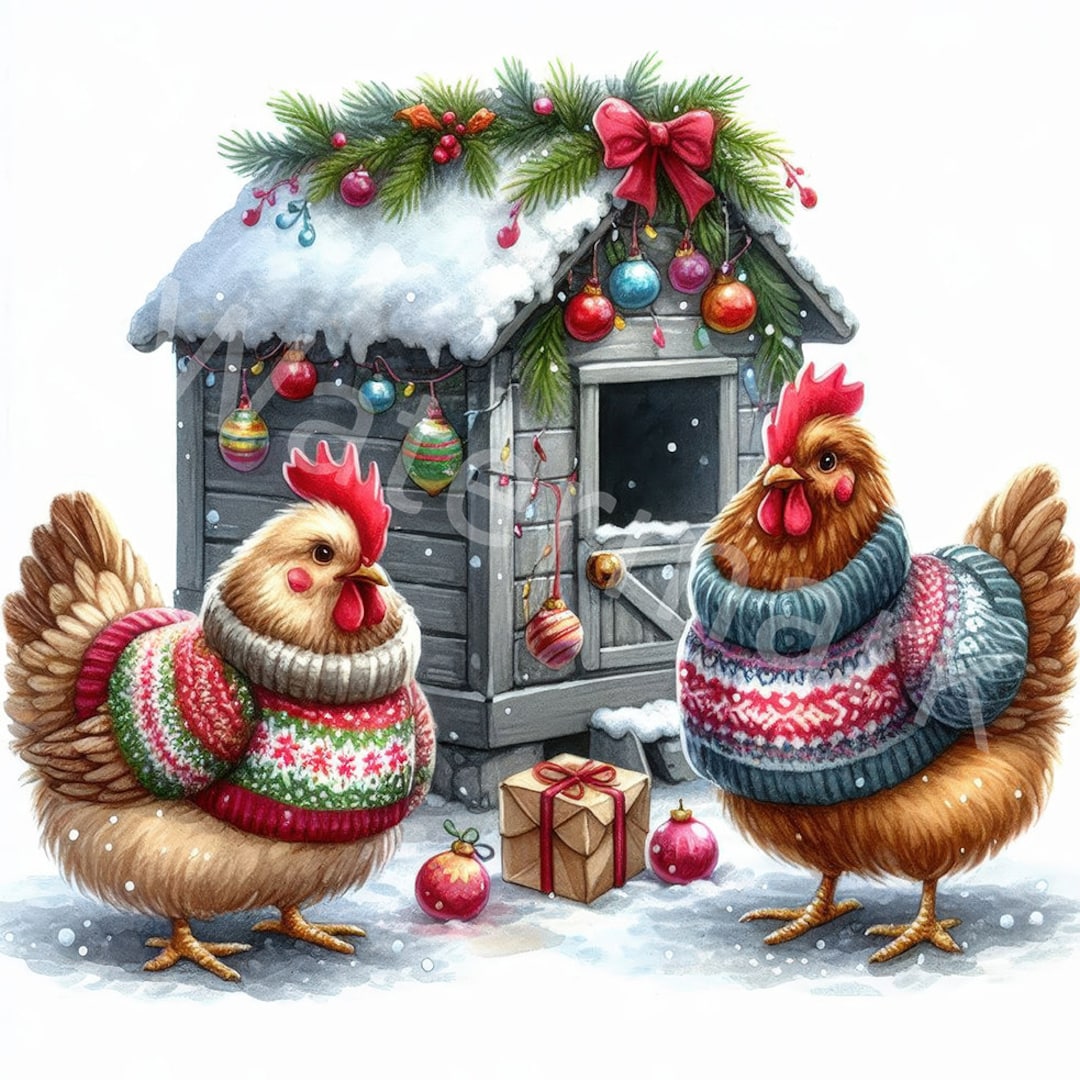 Christmas Chickens in the Henhouse, 12 JPG Digital Download Card Making ...