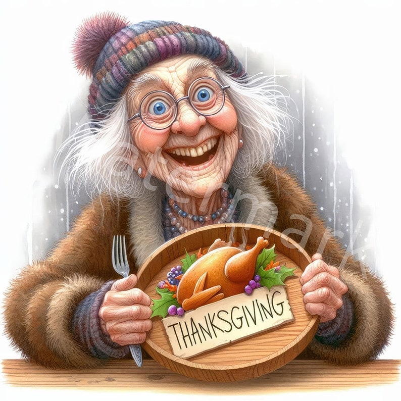 Funny Thanksgiving Old Lady Clipart: Watercolor Style (digital Download ...