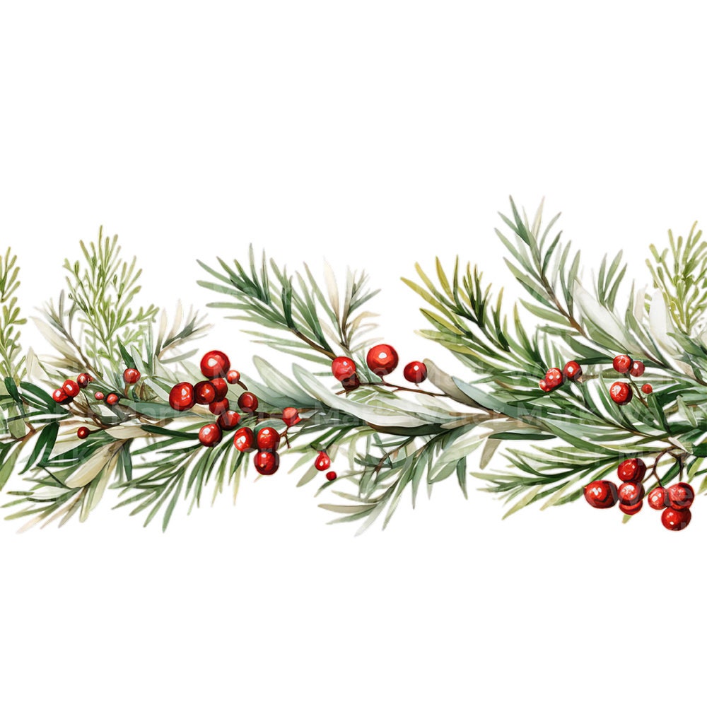 Watercolor Christmas Border Clipart: Mistletoe & Pine (digital Download ...