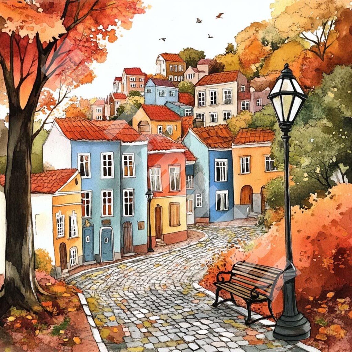 Autumn Street Watercolor Clipart: Fall City Landscape (digital Download ...