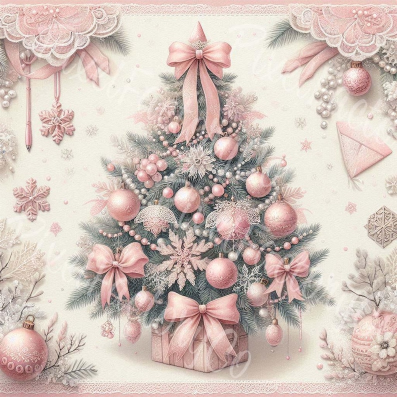 Vintage Christmas Tree Clipart, Pink Holiday Background, Digital Paper ...