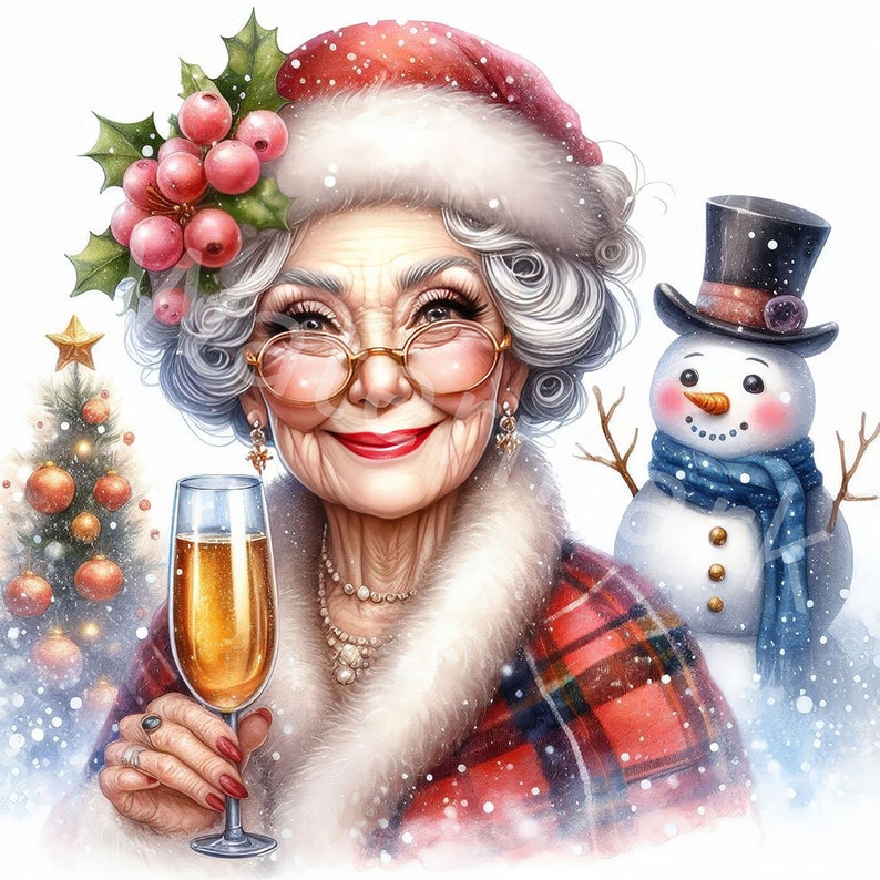 Christmas Old Lady Clipart: Elegant Grandma With Snowman (JPG Digital ...