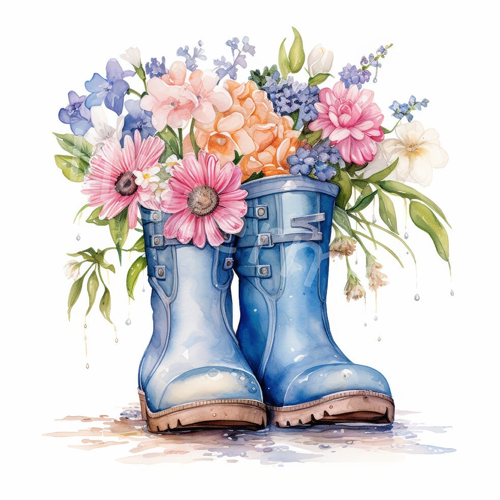 Rain Boots With Flowers Watercolor Clipart, 12 Jpg, Digital Download ...