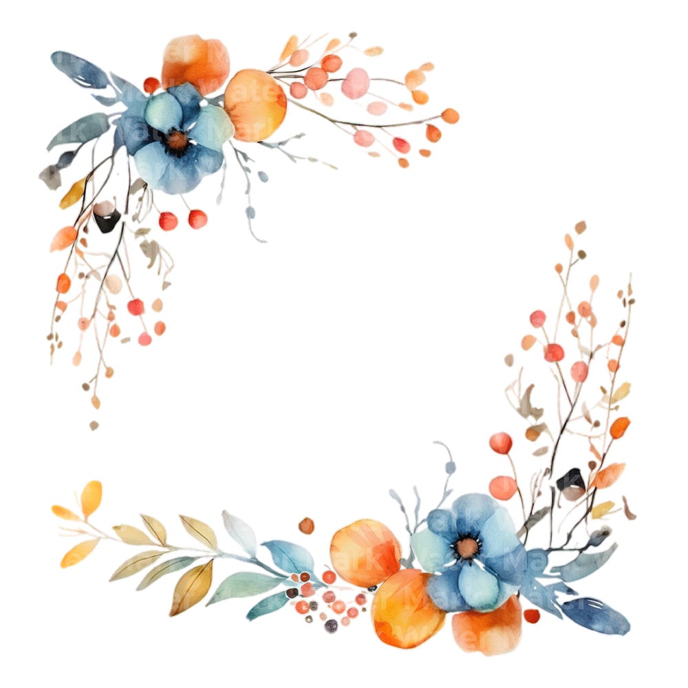 Watercolor Flower Frame Clipart: Autumn Floral Border (digital Download ...