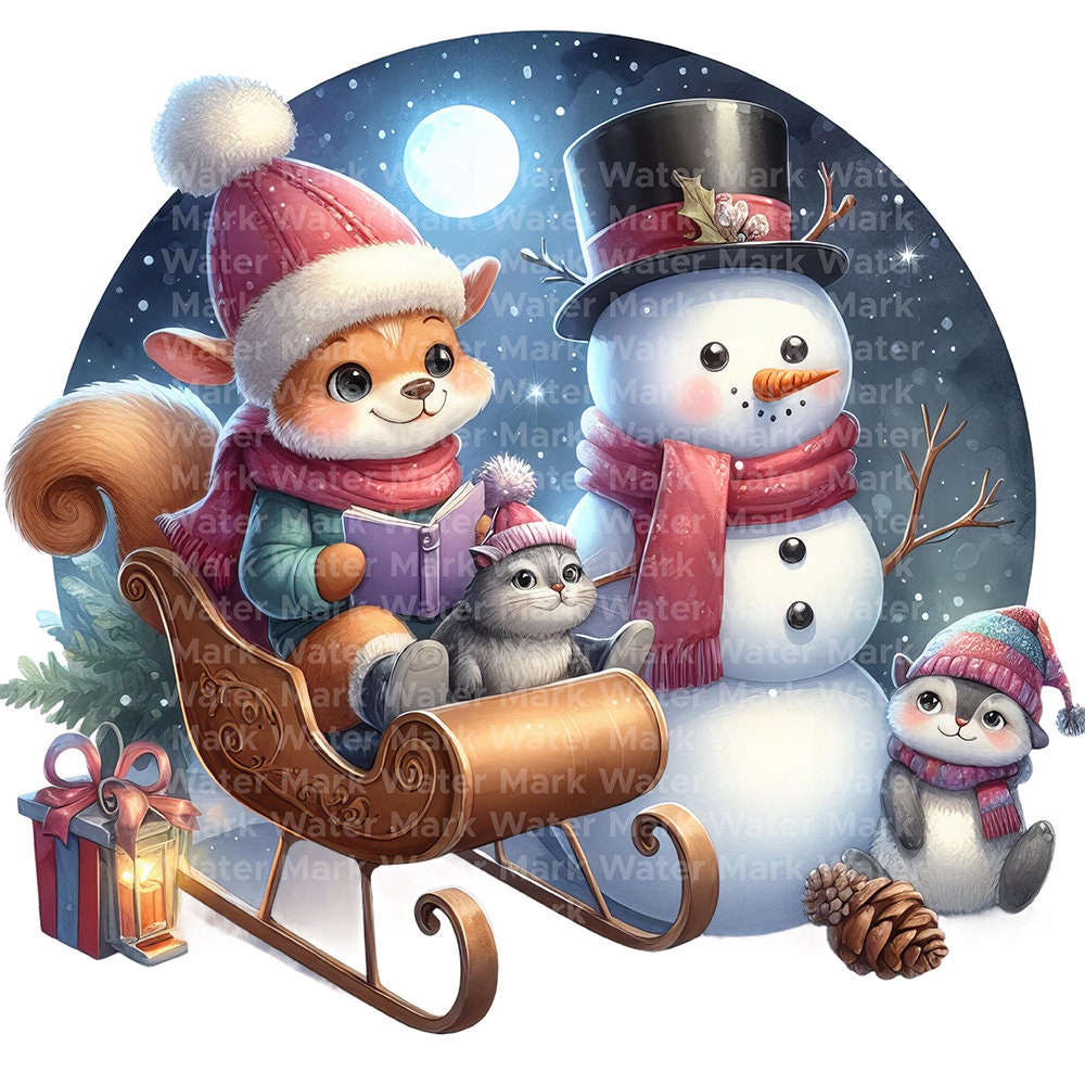 Watercolor Christmas Clipart: Snowman & Animals Pngs (digital Download ...