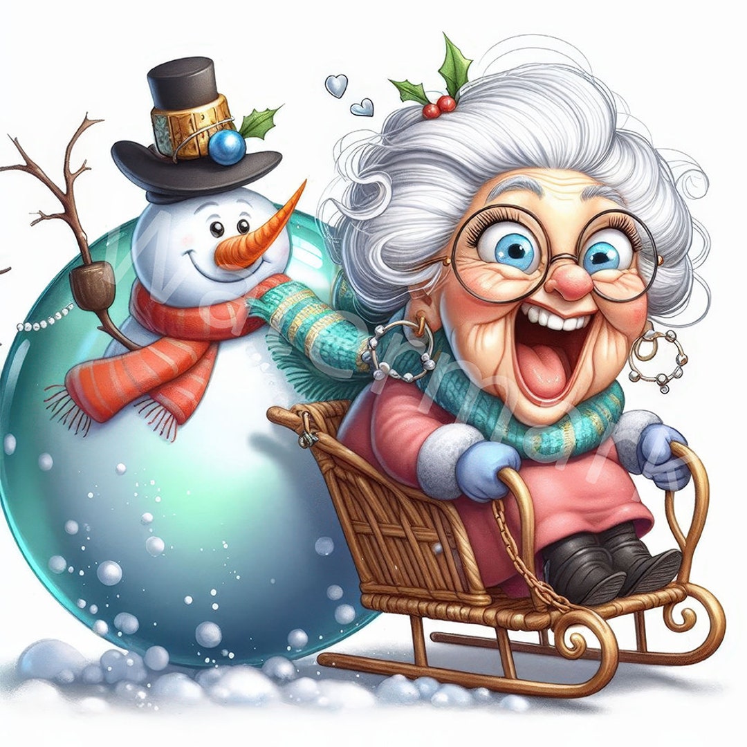 Funny Christmas Old Ladies Clipart: Grandma & Snowman (digital Download ...