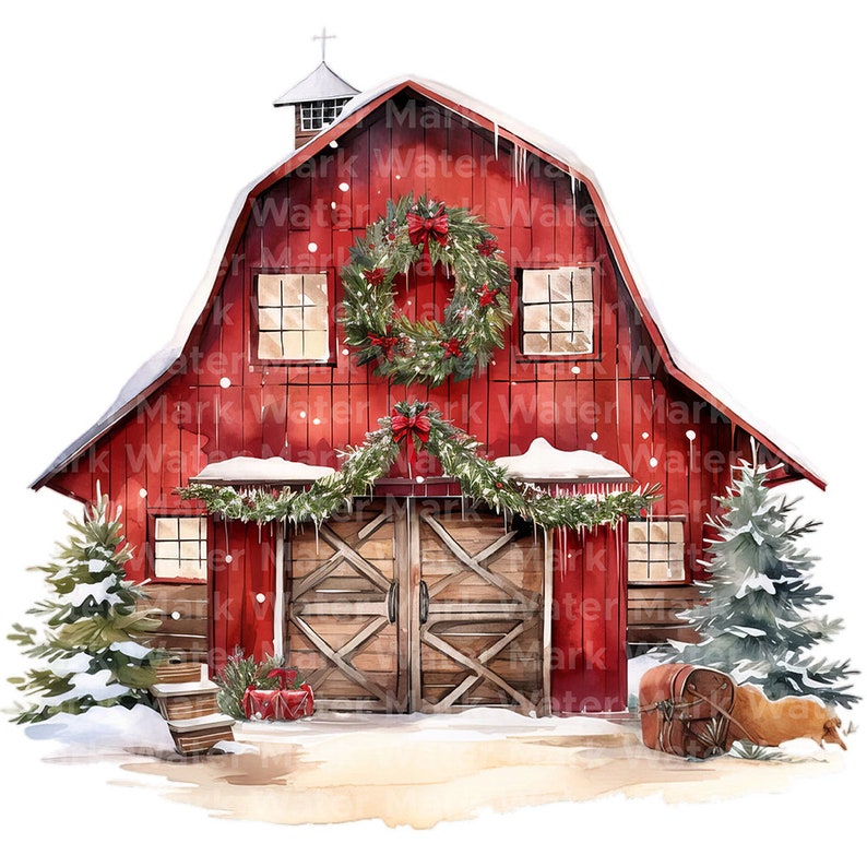 Watercolor Christmas Barn Clipart: Winter Landscape (digital Download ...