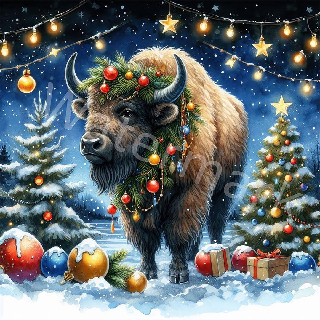Christmas Buffalo Watercolor Clipart: Holiday Animal Art (digital ...