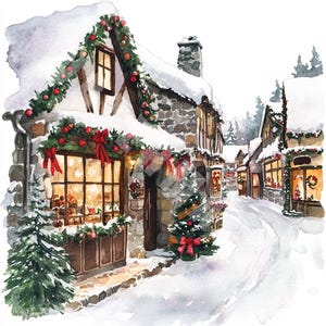 Watercolor Christmas Village Clipart: Winter Street Scene (digital ...
