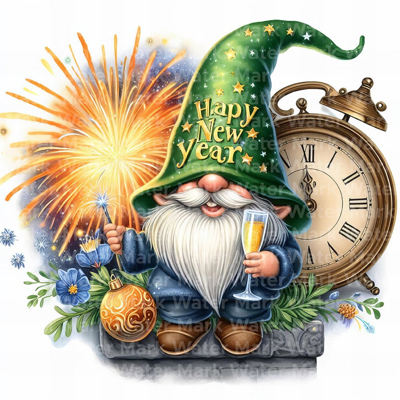 New Year Gnomes Watercolor Clipart: 2024 Eve Graphics (digital Download ...