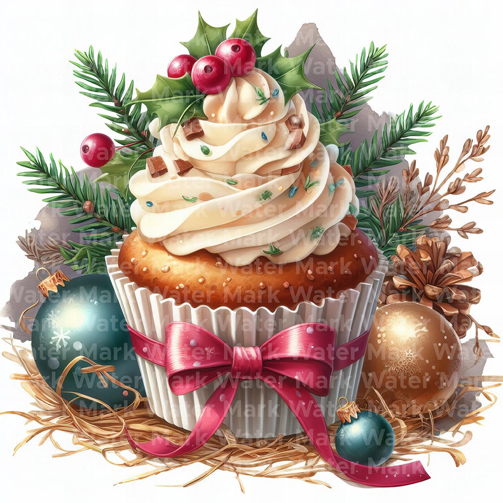 Christmas Cupcakes Clipart 12 JPG Watercolor Clipart - Etsy