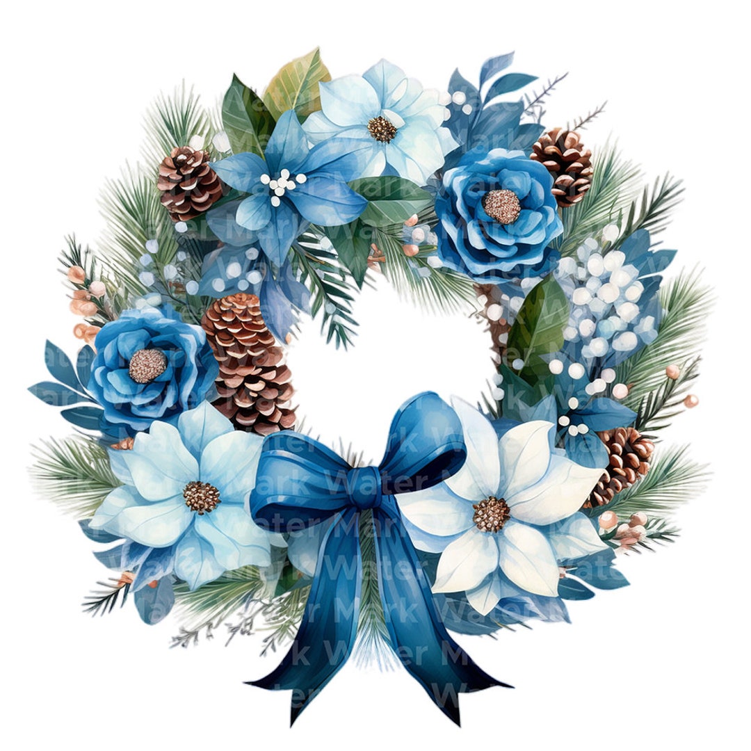 Watercolor Christmas Wreath Clipart: Blue Floral Designs (digital ...