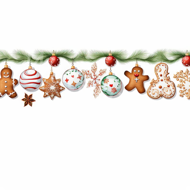 Christmas Borders Clipart: Gingerbread & Baubles Garlands (digital ...