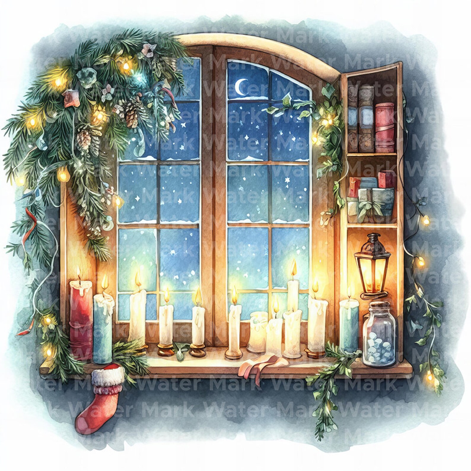 Christmas Window Watercolor Clipart: Winter Wall Art (digital Download ...